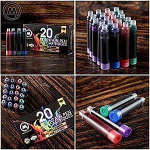 Extra Ink Cartridges for Most Fountain Pens Including Monaggio Pens. Fancy Pack of 20 Refill Cartridges for your Fountain Pens and Monaggio Pen: Blue, Purple, Green & Red