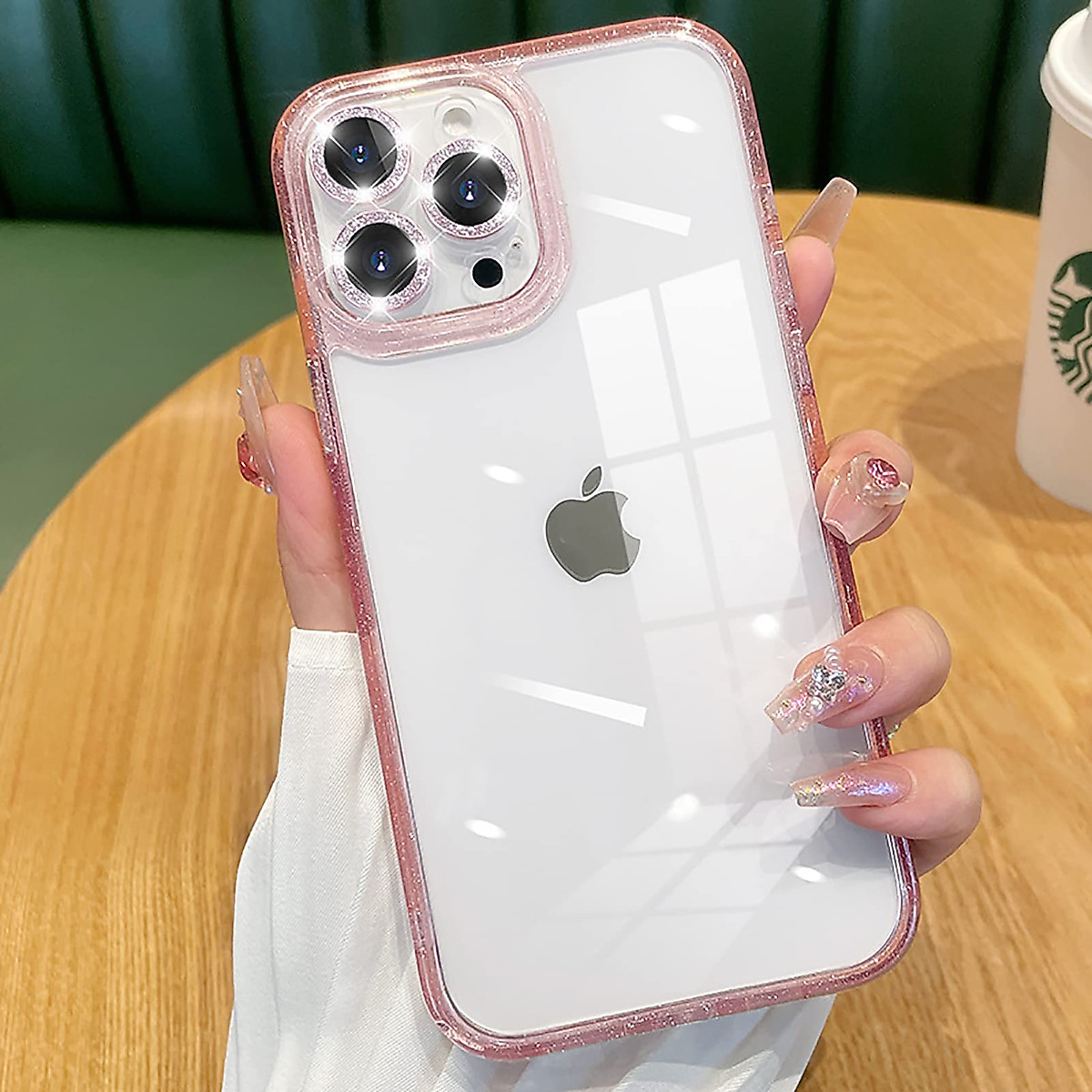 Eiyikof for iPhone 14 Pro Max Case with Bling Camera Lens Protector Cover Cute Sparkly Diamond Slim Clear Back & Glitter Bumper Silicone Shockproof Protective Case for Girls Women-Pink