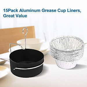 Uniflasy Grease Cup and Grease Clip fits CharBroil Gas Grill, with 15Pack Aluminum Foil Liner, Grease Catch Cup for Masterbuilt 30inch Smoker, for Kenmore and Other Similar Outdoor Grills