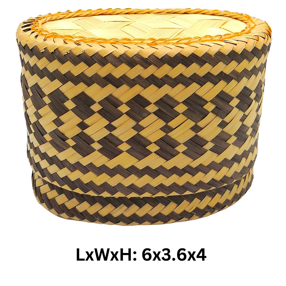 Bamboo Sticky Rice Serving Basket 6 x 3.7 Inch, Kratip, Intricately Woven Container, Oval-Shaped Pattern, Thailand Handmade, Dyed with Natural Based Black Charcoal (Mini Heart) (Double Square)