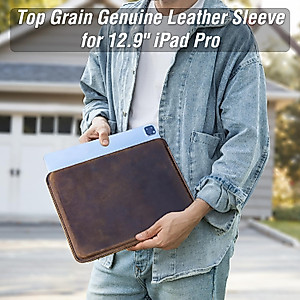 CataPurus Top Grain Genuine Leather 12.9" iPad Sleeve Case, Minimalist Vintage Design, Handmade, Compatible with 12.9" iPad Pro 3/4/5/6 Gen, Fits A1876 A1865 A1983 A2014 A2229 A2232, Coffee 12.9 Inch