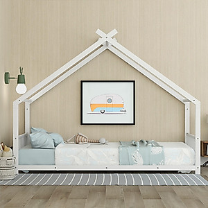 Kids Montessori Floor Bed with Headboard and Footboard, Metal Floor Bed with Slats, Twin Size House Floor Bed for Kids, White Montessori Bed Frame Twin Size