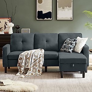 79" Convertible Sectional Sofa, L Shaped Couch with Movable Storage Ottoman 3 Seater Sofa Polyster Fibre for Apartment Small Spaces, Dark Grey