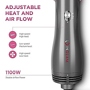 Hair Dryer Brush Set, IG INGLAM 4 in 1 Hot Air Brush, Negative Ion Detachable Hair Dryer & Styler Volumizer Blow Dryer Brush with 2 Styling Brush Heads, Updated Push Switch, Gray