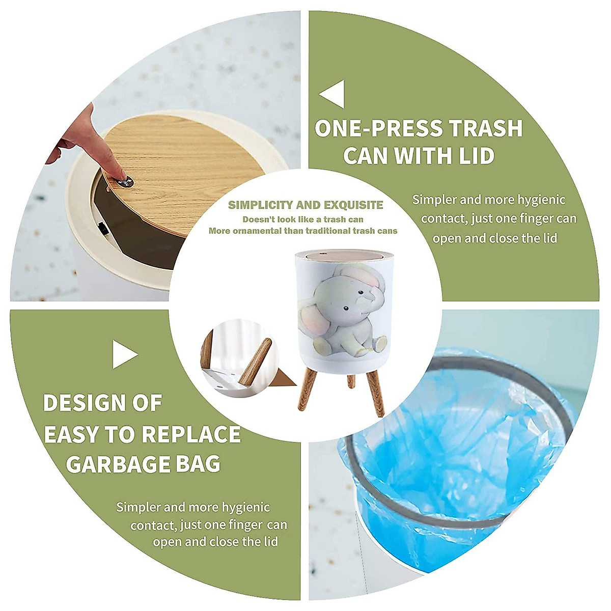 LOPYEIJFG Trash Can with Lid Kitchen Bathroom Bedroom 1.8 Gallon Press Cover Cute Baby Elephant a Cartoon Style Watercolor Animal an Isolated for Wood Small Garbage Bin Wastebasket Office Waste Bin