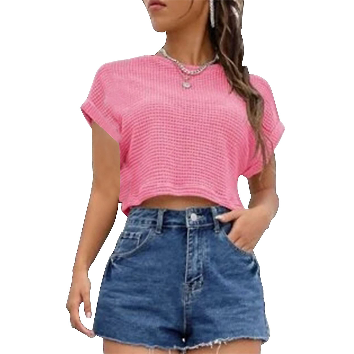 Meladyan Women’s Casual Waffle Knit Crop Tee Top Batwing Short Sleeve Crew Neck Solid Cropped T Shirt Tops Pink