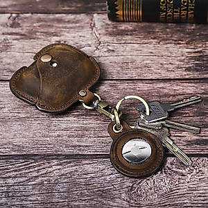 AirTag Holder Leather Case with Keychain, Genuine Premium Vintage Oil Wax Crazy Horse Cowhide Leather Case for Apple AirTag with Key Ring, Indiana Jones Style