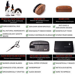 Beard Reverence Premium Beard Grooming Kit for Men Care w/Upgraded Travel Bag – All-Natural Beard Oil, Beard Balm Butter Wax, Beard Wash, Scissors, Comb, Boar Bristle Brush with Gift Set Box