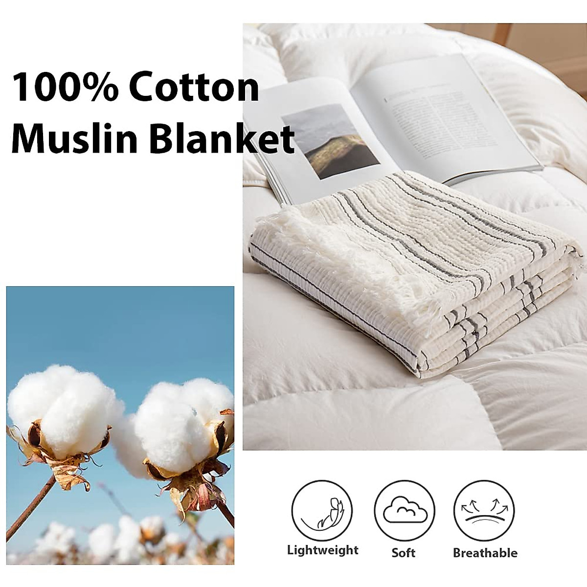 Simple&Opulence Yarn Dyed Striped Cotton Muslin Throw Blanket for Bed, Couch, Knit Woven Blanket with Tassels Soft Lightweight Cozy Pre-Washed Breathable Farmhouse Decoration for All-Season(Grey)