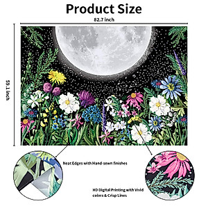 mchatte Moonlit Garden Tapestry Moon Tapestry for Bedroom Full Moon Surrounded By Plants and Flowers Black Room Decor Aesthetic Floral Moon Wall Tapestry for Teenager's Home Decor (82.7x59 Inches)
