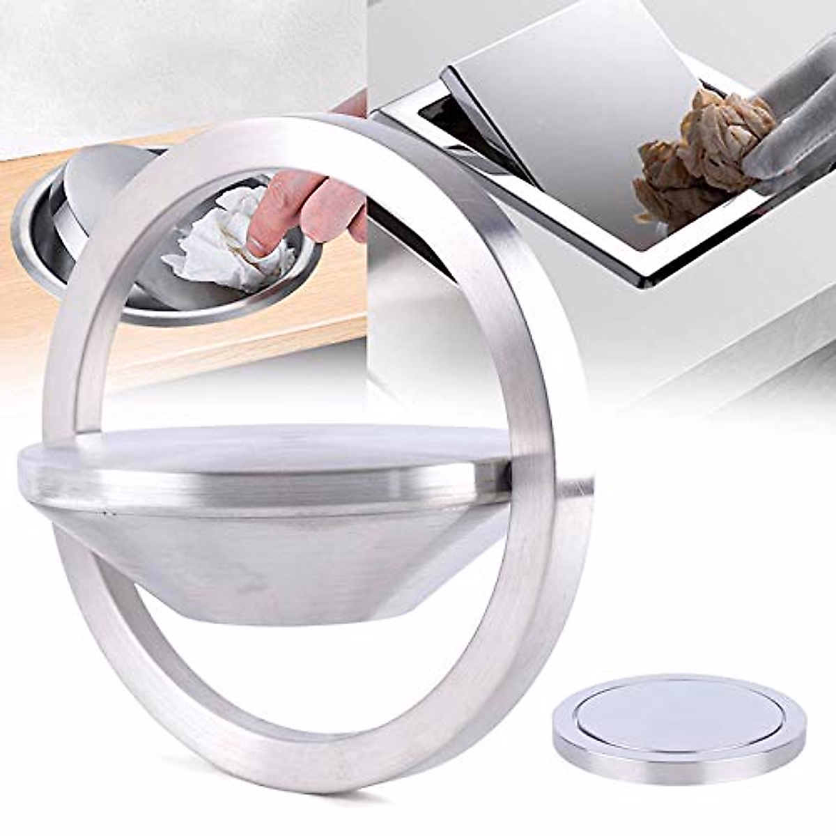 Pearlead Round Recessed Counter Top Cover Trash Bin Built-in Flap Garbage Can Kitchen Bench Stainless Steel(Silver)