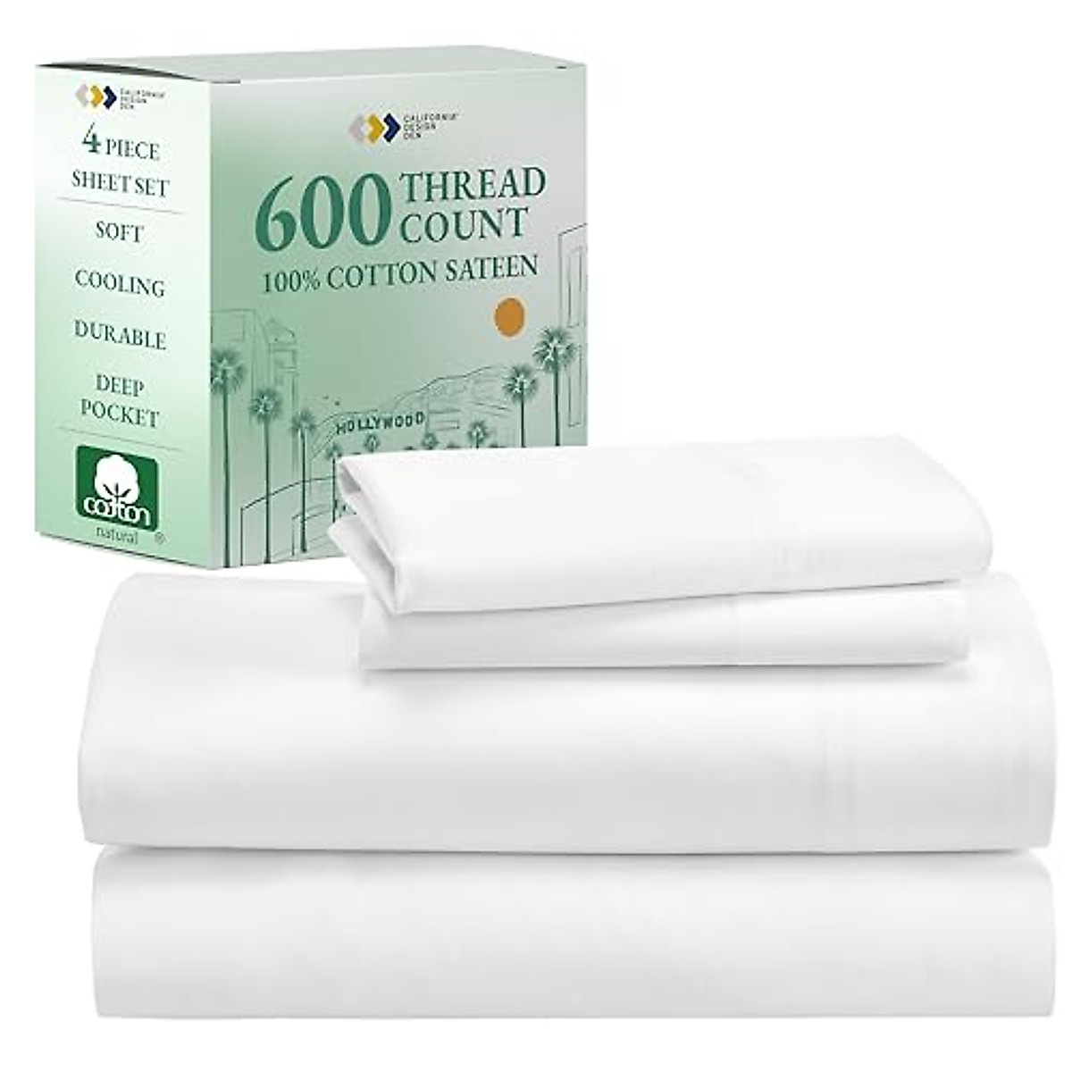 California Design Den Queen Size Sheet Set, 600 Thread Count 100% Cotton Sheets, Luxury Extra Deep Pocket Queen Sheets Cotton Sateen, Hotel-Quality Queen Sheet Set - White Sheets