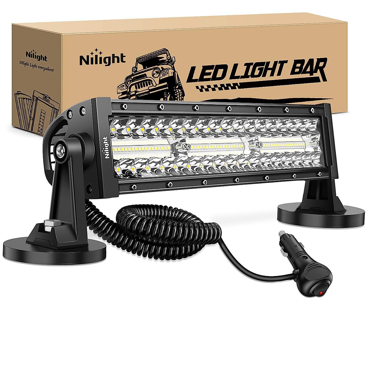 Nilight LED Light Bar 13.5 Inch Triple Row Cigarette Lighter Wiring Strong Magnetic Base Spot Flood Combo 96LEDs Fog Driving Work Roof Bumper Lights for Truck Tractor Golf Cart UTV