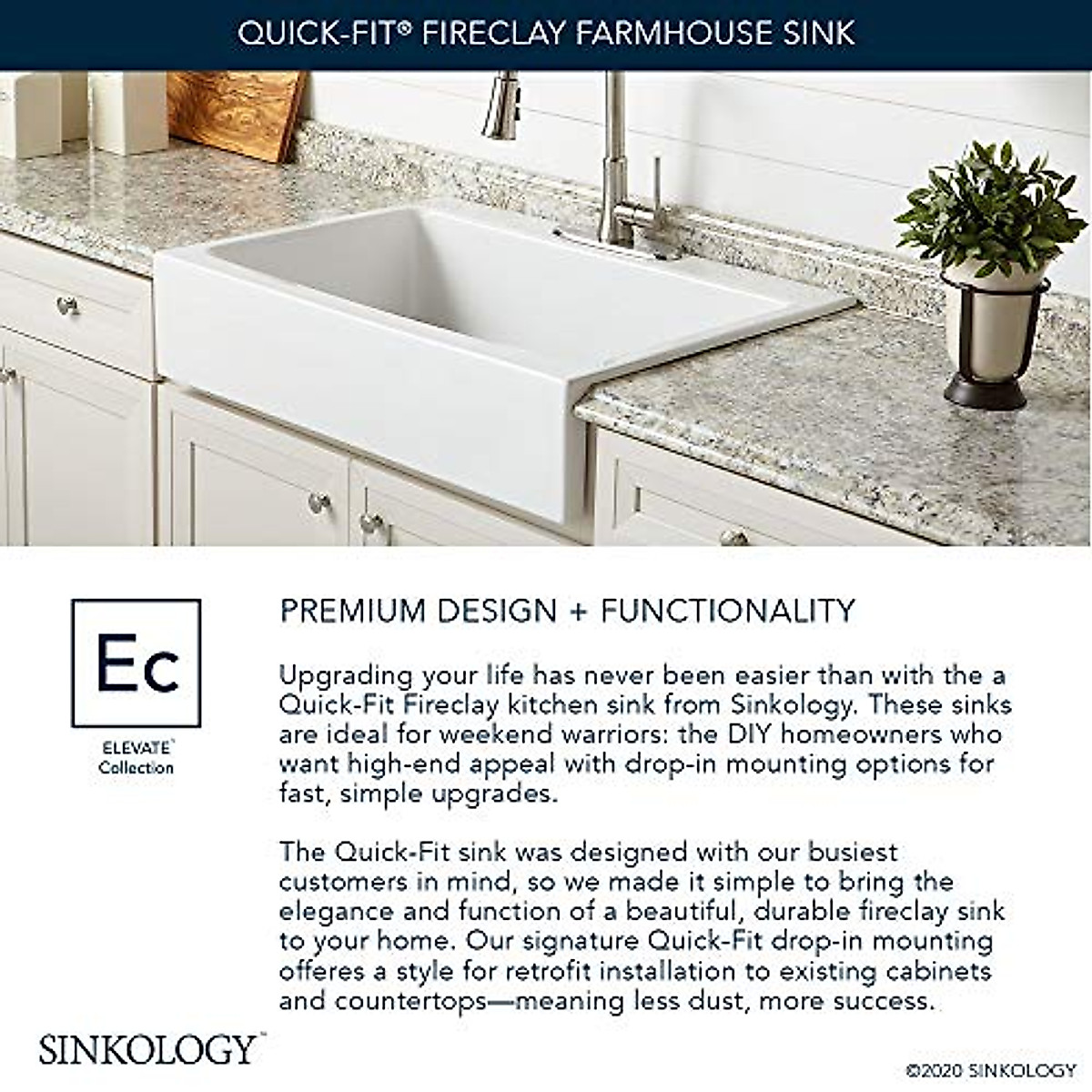Sinkology SK452-26FC-3-AMZ Anna QuickFit Drop-in Farmhouse 25.85 in. 3-Hole Single Bowl Crisp White with Care IQ Kit Fireclay Kitchen Sink