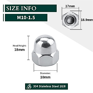 M10-1.5 (20 pcs) Acorn Hex Cap Nuts Metric Dome Head Nuts, 304 Stainless Steel 18-8, Plain Finish, DIN1587