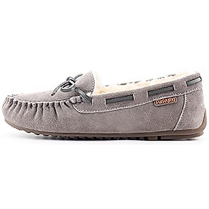 Parfeying Women's Sheepskin Moccasins Cow Suede Memory Foam Slippers Indoor Outdoor Shearling Winter Shoes,L20101 Grey 5US