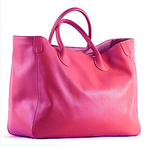 Oversize Tote Bag for Women Genuine Leather Handbags and Purses Cowhide Brown Large Shopper Bag Female Travel Handbag (about 41cm-21cm-34cm,Hot Pink)