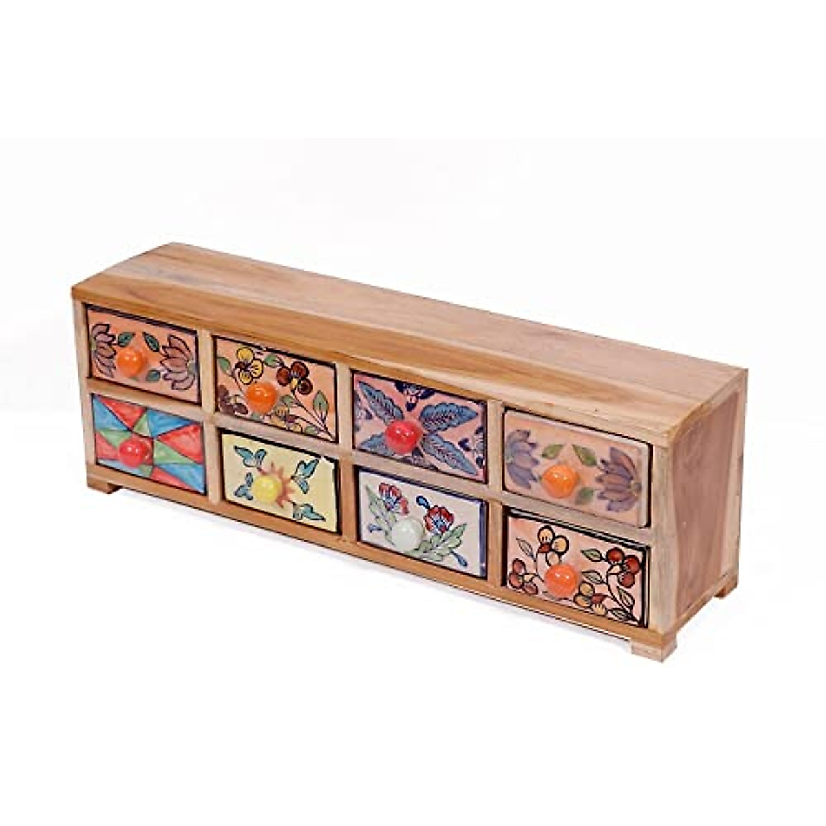 Tyagi-Export -8 Drawer Wide Ceramic Organizer Storage Cabinet Chest of Drawers Unique Pottery Wooden Drawer Box Drawers 10.5 x 3 x 7 Inch