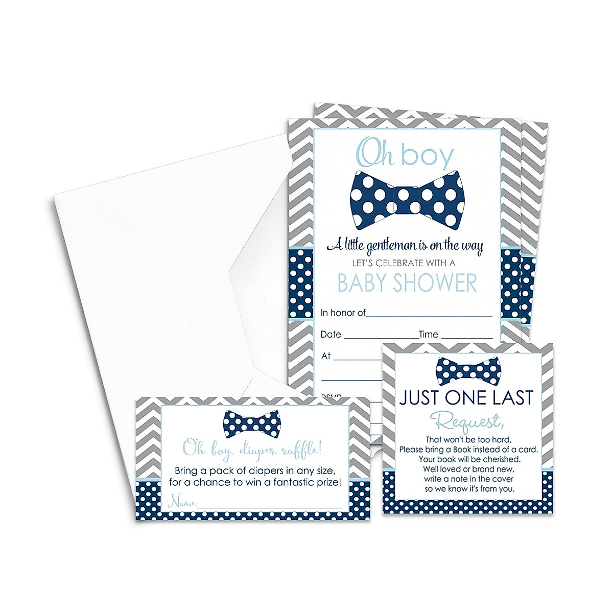 Paper Clever Party Bow Tie Baby Shower Invitation Bundle with Blank Invites with Envelopes for Boys, Diaper Raffle Insert Bring a Book Cards Set (25 of Each) Little Man Theme Blue and Grey
