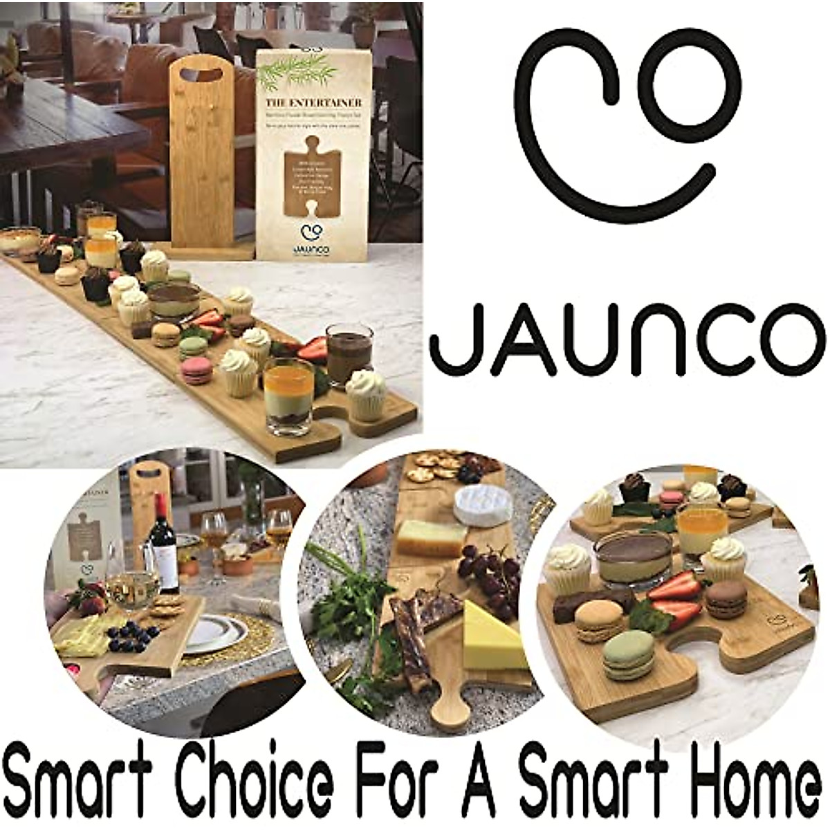 JAUNCO Bamboo Cheese Board Set of 4 | Large Charcuterie Boards | Unique Puzzle Design with Stand | Serving Platters and Trays for Parties | Cheeseboard Charcuterie Board Set | Wine Accessories