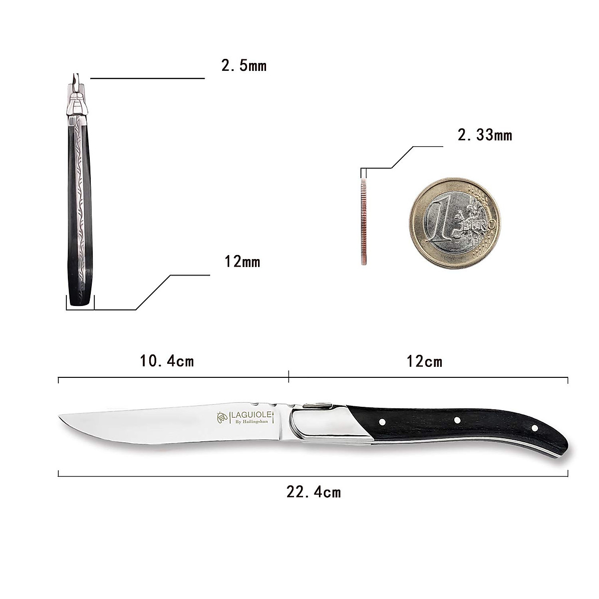 [Set of 6]Steak Knives, Hailingshan Stainless Steel Straight Blade Sharp Heavy-Duty Premium Dishwasher Safe Polished Table Dinner Cutlery Flatware Laguiole Steak Knife 22cm Gift Box-Black Wood Handle