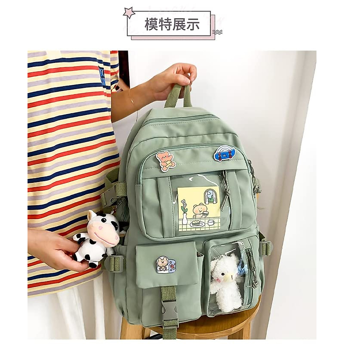 BXCNCKD kawaii backpack with pins kawaii school backpack cute backpack cute kawaii school backpack(Green)