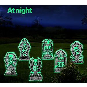 Fluorescent Halloween RIP Tombstones | 6 Tombstones Halloween Decor With 12 Fix Stakes, Scary Halloween Yard Outdoor Lawn Signs for Haunted House Garden Yard and Scary Theme Party