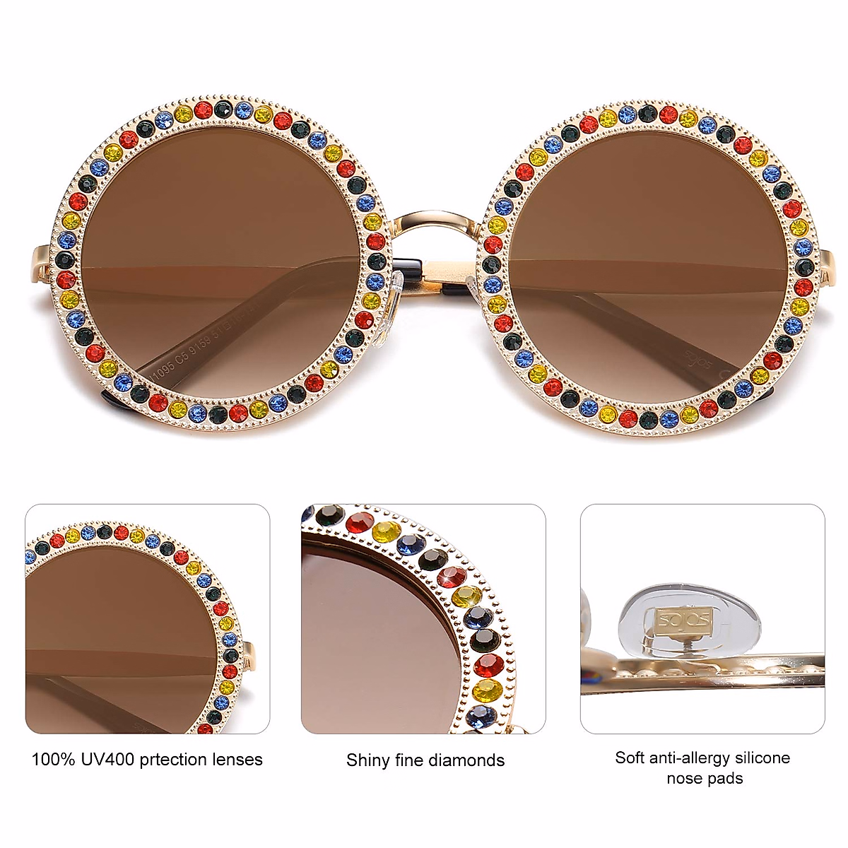 SOJOS Shining Oversized Round Rhinestone Sunglasses Festival Gem Sunnies SJ1095 with Gold Frame/Gradient Brown Lens with Colored Diamonds