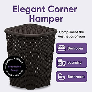 (2 pack) Corner Laundry Hamper Baskets with Lid 50 Liter - Brown Wicker Hamper, Durable, Lightweight Bin with Cutout Handles - Storage Dirty Cloths Curved Shape Design Fits Bathroom