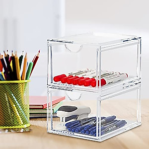 CECOLIC 2 Pack Stackable Cosmetic Organizer Drawers, Clear Acrylic Makeup Storage Organizer Box, Plastic Storage Bins Vanity Container for Bathroom Countertop, Bedroom Dresser, Kitchen Cabinets