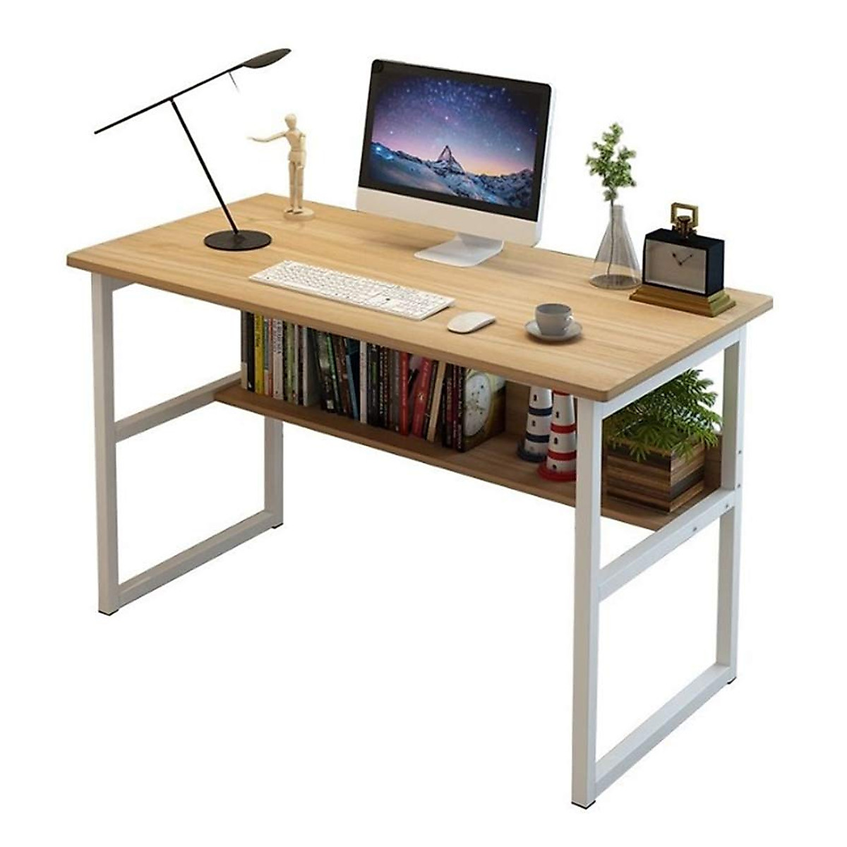 Computer Desk with Bookshelf, 44in Wood Office Writing Desk with Storage Shelves Modern Laptop Table Study Table Workstation for Home Office Furniture US Stock (Oak Color)