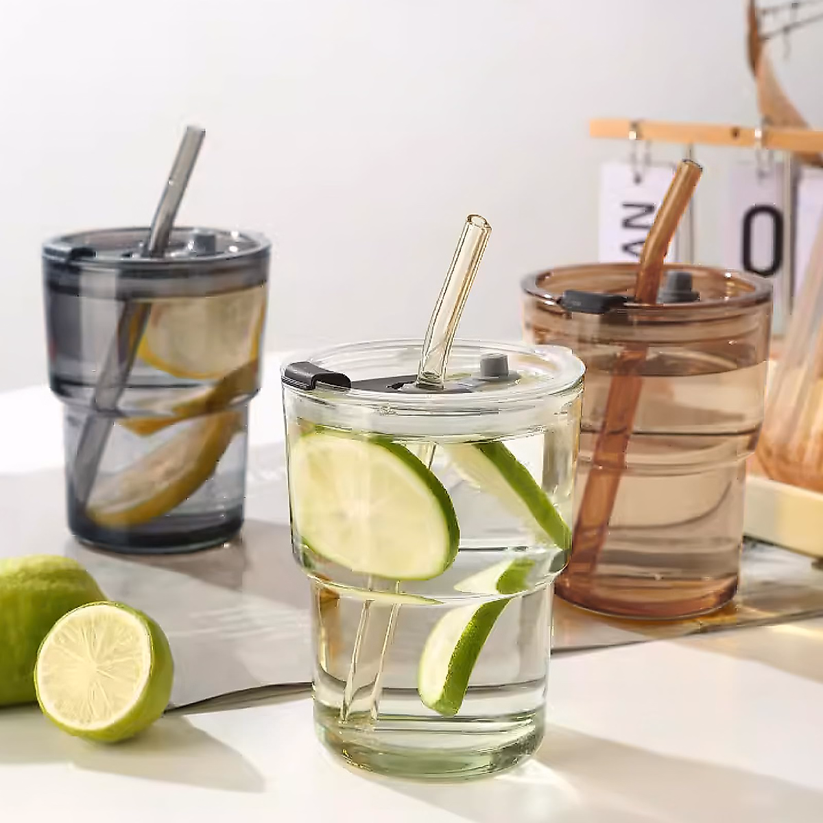 Puraville 12 oz Coffee Cup 2pcs Glass Cups with Lids and Straws Coffee Mug Set with Insulated sleeve Glass Tumbler Drinking Jar, Amber and Gray