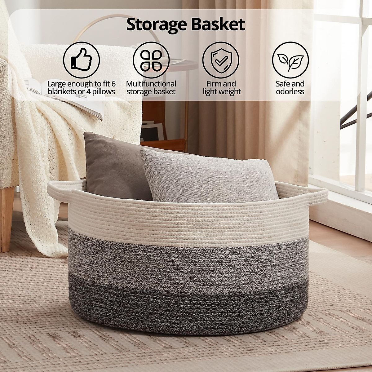 OIAHOMY Extra Large Storage Basket, 23" x 13" Woven Blanket Basket for Living Room, Round Woven Basket for Clothes, Laundry Basket for Pillow-Gradient Grey