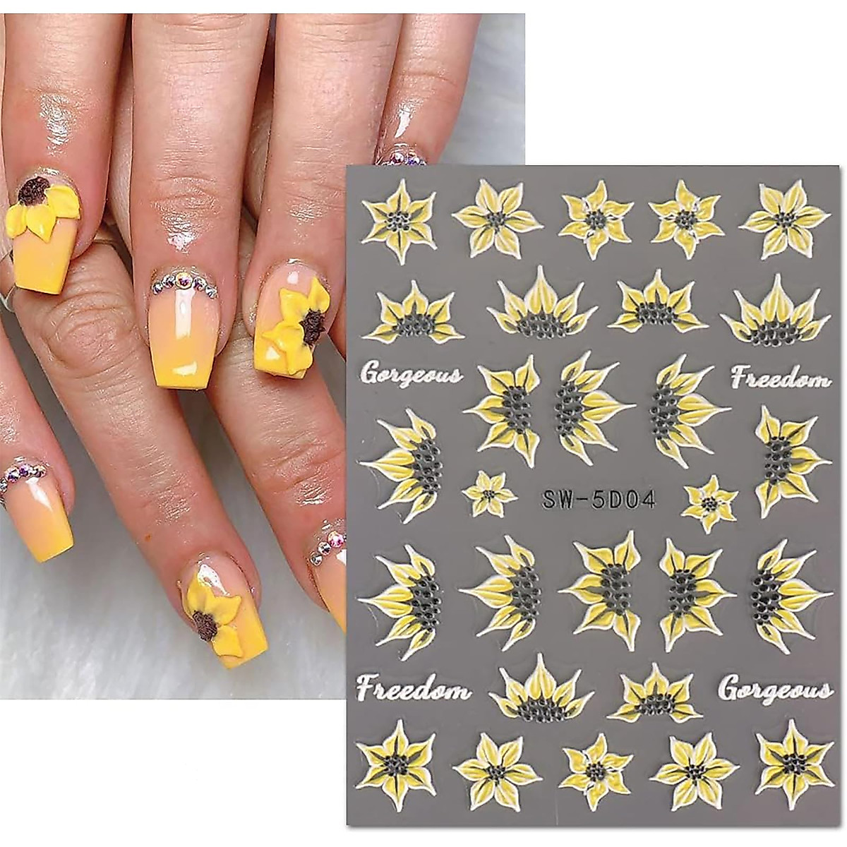 5D Engraved Sunflower Nail Art Stickers Decals Yellow Lotus Flower Acrylic Embossed Sliders Nail Art Supplies Summer Nail Stickers Manicure Decoration for Women Girls Nails Painting Charms Accessories