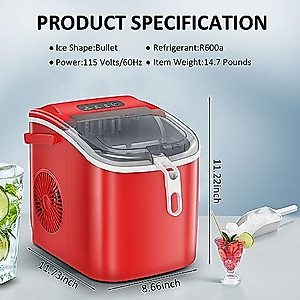 Antarctic Star Countertop Ice Maker Portable Ice Machine, Basket Handle,Self-Cleaning Ice Makers, 26Lbs/24H, 9 Ice Cubes Ready in 6 Mins, S/L ice, for Home Kitchen Bar Party (Red)