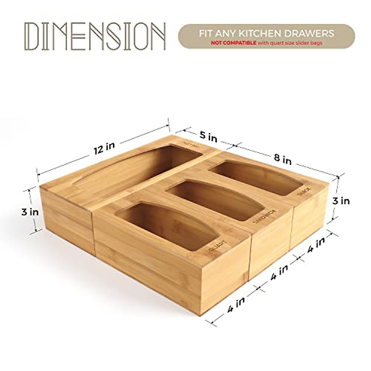 IOCREATIVE Ziplock Bag Storage Organizer - Food Baggie Holder for Kitchen Drawer - Sandwich, Snack, Quart & Gallon variety size bags - Compatible with Ziploc, Solimo, Glad, Hefty - Bamboo