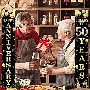 Happy 50th Anniversary Door Banner Decorations, 50 Wedding Anniversary Cheers to 50 Years Party Supplies, Black Gold Fifty Anniversary Welcome Door Décor Sign