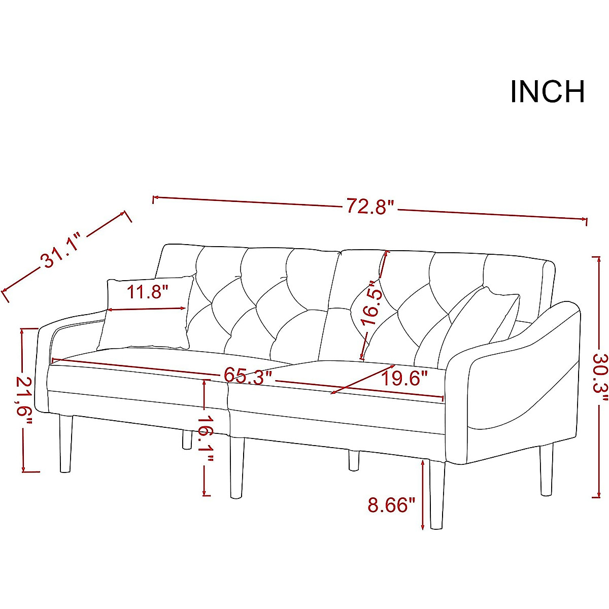 DNYN Convertible Sleeper Futon Sofa with 2 Pillows, Velvet Tufted Couch w/Metal Legs and Adjustable Backrest, for Apartment Office Small Space Living Room Furniture, Pink