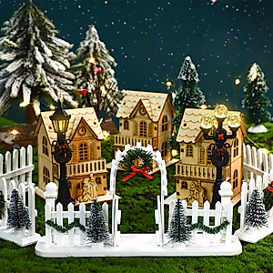 5 Pcs Christmas Village Decorative Fences Entry Gate Lit Figurine Christmas Wreath Tree Picket Fence Snow Accessories for Village Collections Snow Fence Figurine（White Series）