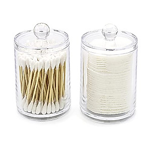 Brookstone BKH1482 2 Pack Qtip Holder, Cotton Swab Storage Dispenser, Jars with Lids, Minimalistic Bathroom Organizer, Acrylic 2