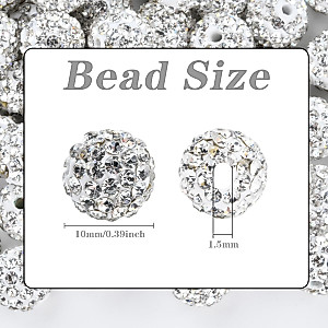 100pcs 10mm Rhinestone Clay Beads for Crafting - Ice Collection Baseball Bling Style, Round Shamballa Disco Ball Design, Fancy Sparkle for DIY Necklace Jewelry Making Christmas Decorations (White)