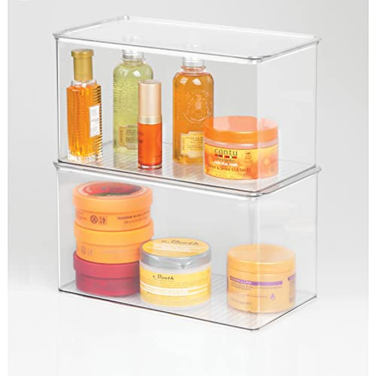 mDesign Stackable Plastic Bathroom Storage Box with Hinge Lid - Container for Organizing Soap, Body Wash, Shampoo, Conditioner, Hand Towels, Hair Accessories, Lumiere Collection, 4 Pack - Clear