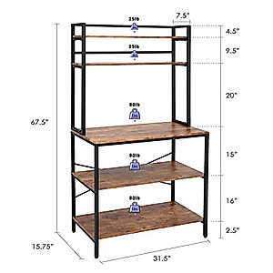 Finnhomy 5-Tier Kitchen Bakers Rack with Storage, Freestanding Microwave Oven Stand with Hutch, Wood Kitchen Rack with Shelves for Living Room/Pantry, 15.75" D x 31.5" W x 67.5" H, Rustic Brown