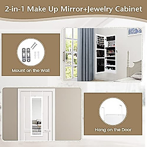 COSTWAY 12 LEDs Jewelry Cabinet, Wall/Door Mounted Jewelry Organizer Cabinet with 53.5” Full Length Mirror & Large Storage Capacity, Lockable Mirror Jewelry Armoire for Women Girls (White)