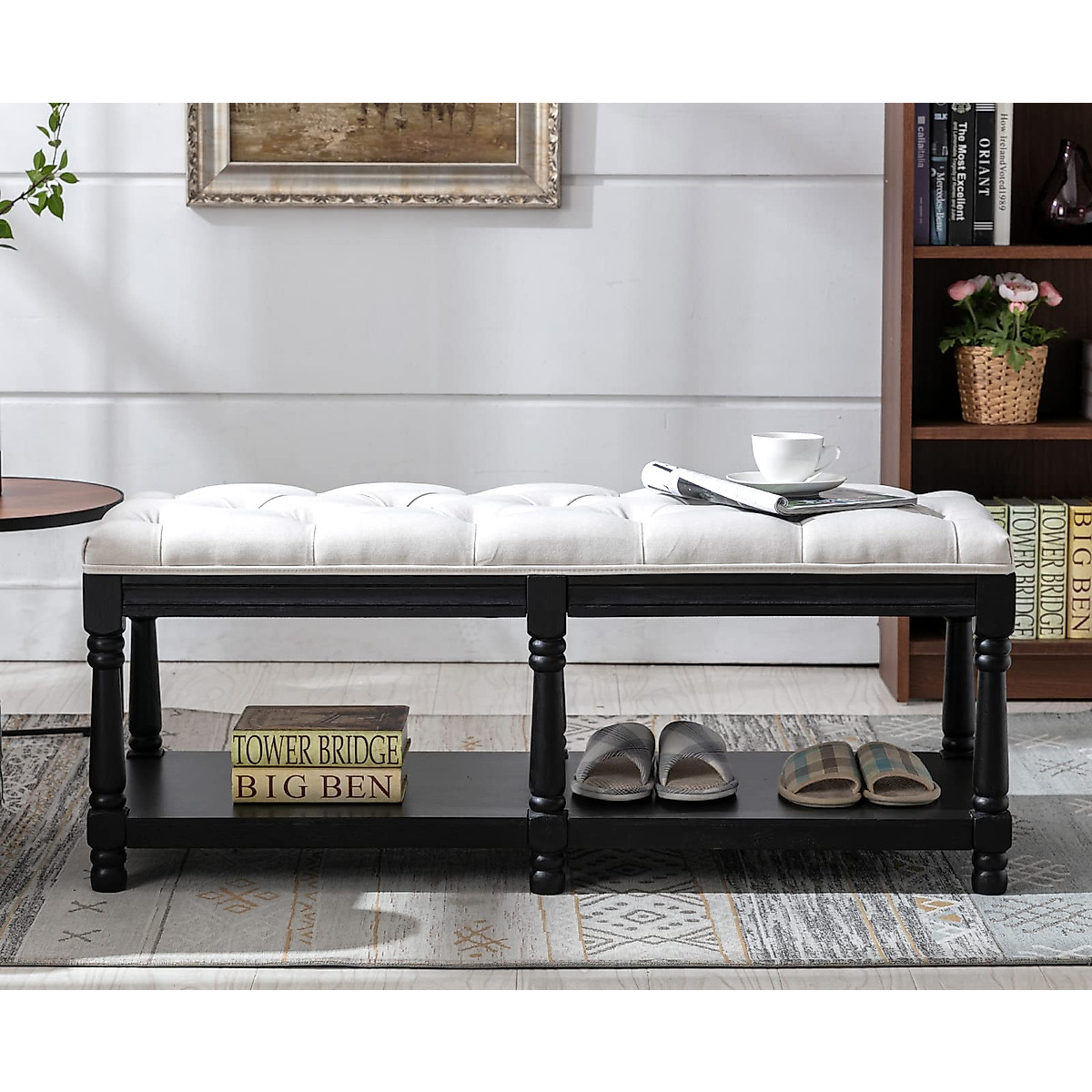 Kmax Storage Entryway Bench Tufted Shoe Rack Bench Black Wood Window Bench for Hallway Entrance Bedroom Corner, Beige
