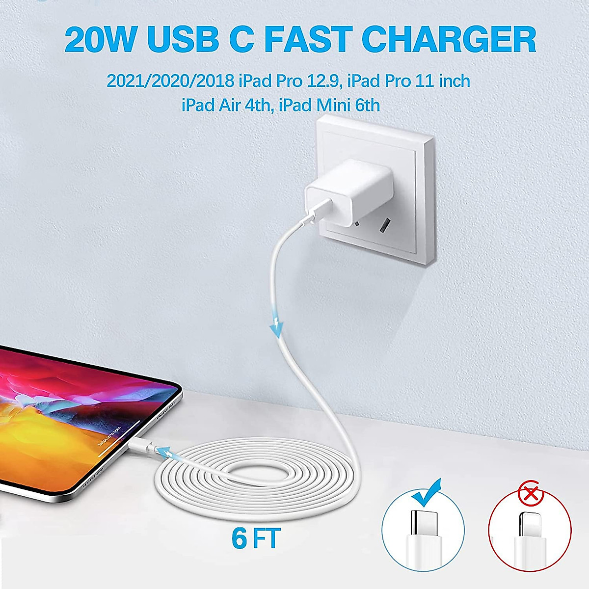 USB C Fast Charger for iPad Pro 12.9/11 in 2022/2021/2020/2018,iPad 10th,iPad Air 4th/5th 10.9",iPad Mini 6th Generation,iPad Charger Fast Charging Wall Charger Block with 6FT USB C to C Cable