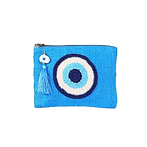 Evil Eye Jute Small Clutch/Pouch Bag Turquoise Beach Bag Zipper Gift Bag with Tassel
