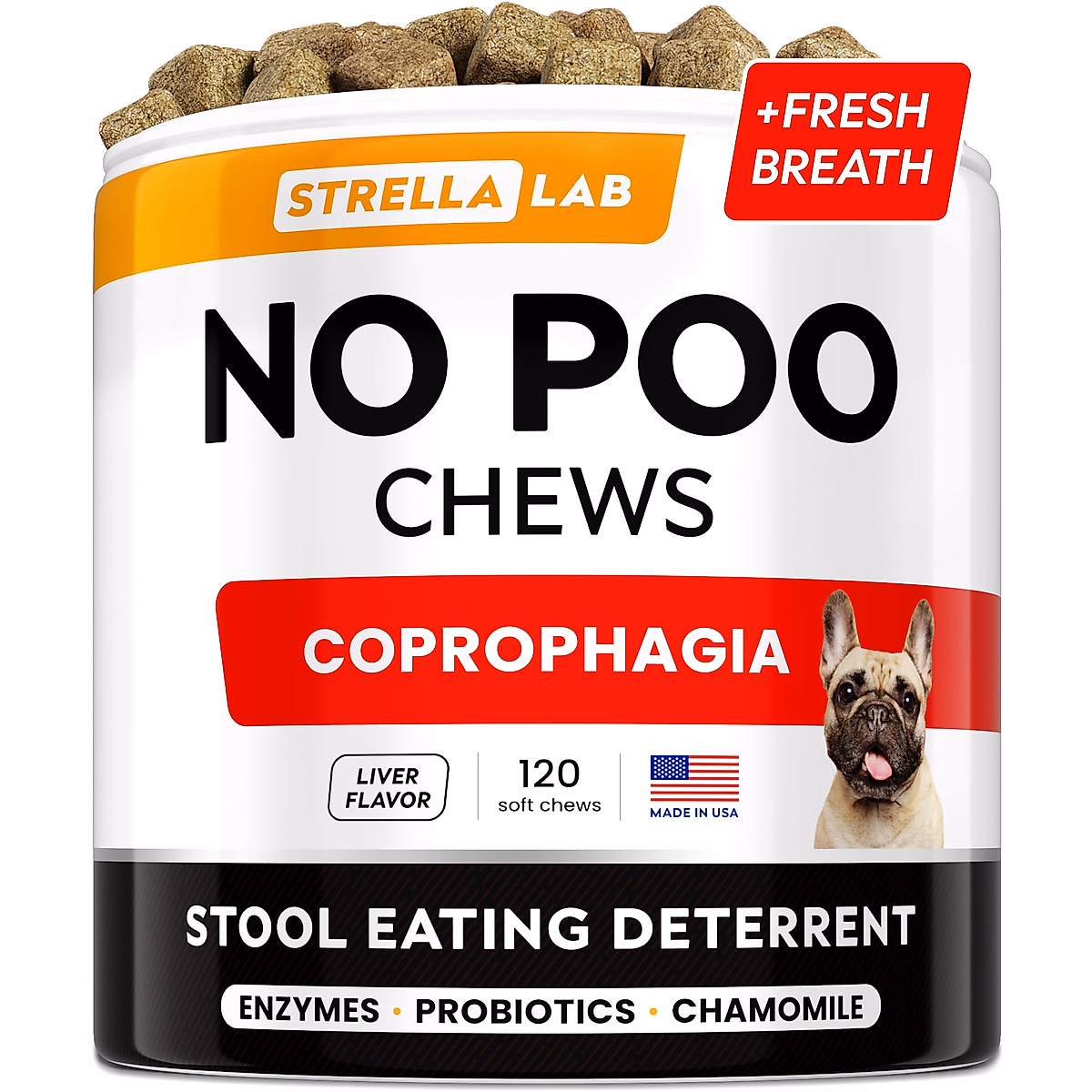 STRELLALAB No Poo Chews for Dogs - Coprophagia Stool Eating Deterrent - No Poop Eating for Dogs - Digestive Enzymes - Gut Health & Immune Support - Stop Eating Poop - Chicken Liver Flavor 120Chews