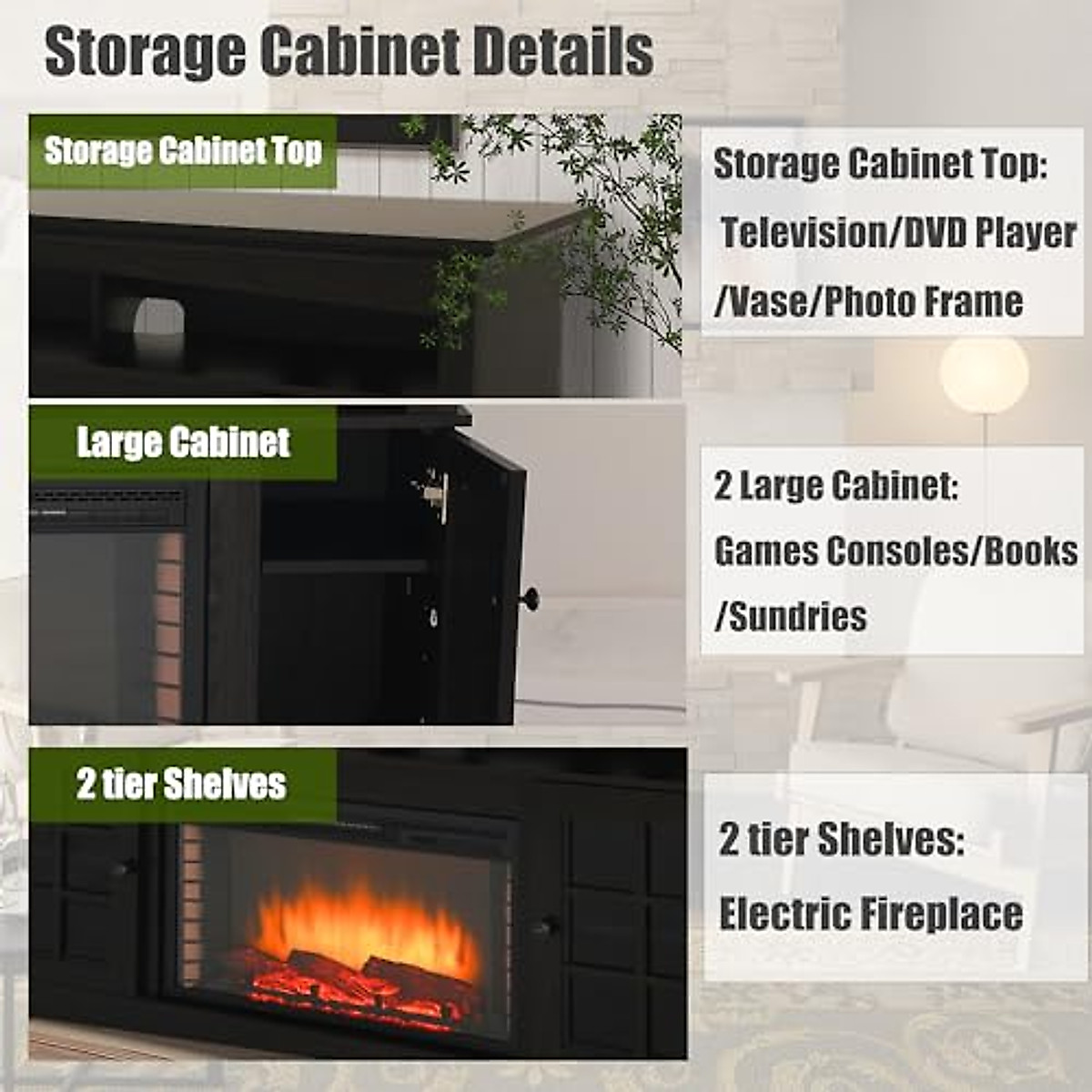 Clihome Electric Fireplace TV Stand 59in with Fireplace Electric Fireplace Inserts Heater Entertainment Center with Fireplace Decor for Christmas Decor