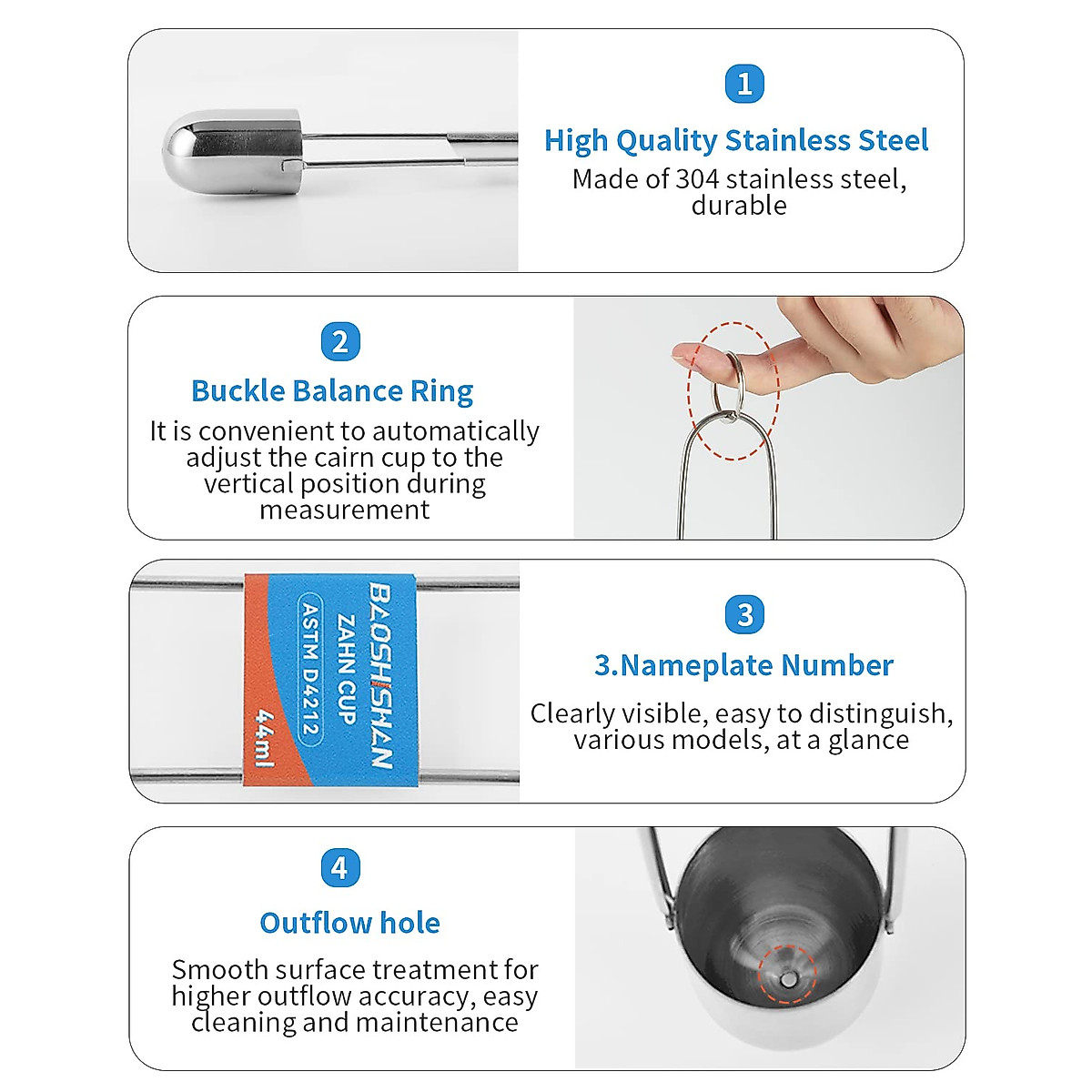 BAOSHISHAN NO.4 Zahn Cup Viscosity Cup #4 Dip Type 44ml Stainless Steel Viscometer Flow Cup for Paint Finishes Oil
